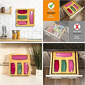 HEALTHY DREAM Bamboo Ziplock Bag Storage Organizer and Dispenser for Kitchen Drawer - Compatible with Ziploc, Hefty, Glad, Solimo for Snack, Sandwich, Quart and Gallon Size Storage Bags (4 in 1)