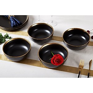 DUJUST Matte Black Porcelain Dinner Bowls of 4, 7 inch (27oz), Luxury Design with Handcrafted Gold Trim, Easy to Clean, Great Durability for Cereal/Soup/Rice/Oat, Chip Resistant, Lead-Free & BPA-Free