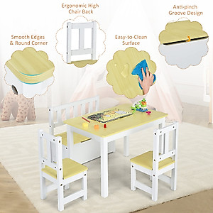 HONEY JOY Kids Table and Chair Set, Toddler Table and 2 Chairs Set w/Toy Storage Bench, 4-Piece Children Wooden Activity Table & Chair Set for Daycare Playroom, Gift for Boys Girls(Natural)