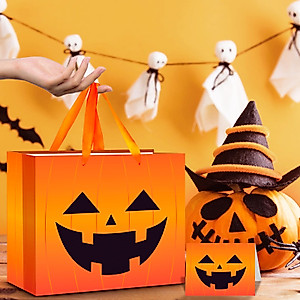 Large Orange Halloween Party Gifts Bags with Handles,Halloween Wrapping Tissue Paper with Greeting Card,Pumpkin Halloween Paper Bags Trick or Treat for Halloween Birthday Party Favors Gifts Supplies
