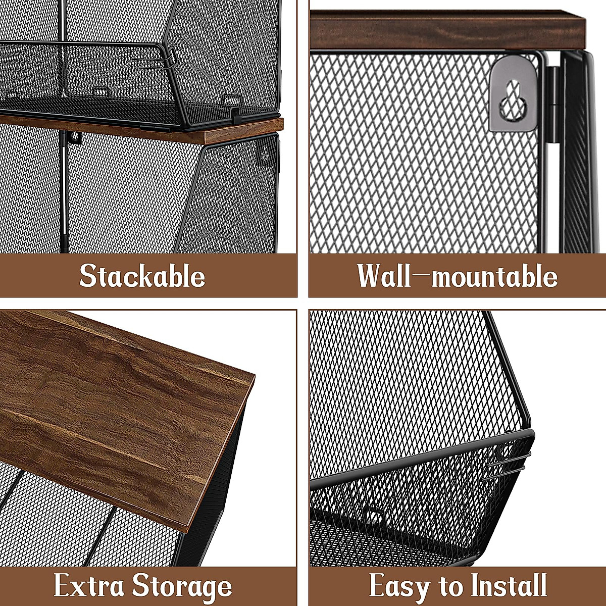 Stackable Fruit Basket for Kitchen Countertop Space Saving, Wall Mounted Mesh Metal Wire Baskets with Wood Lid Extra Storage, 2 Pack Kitchen Counter Organizer for Snack, Onion and Potato Storage