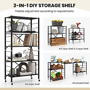 GOFLAME 5-Tier Folding Storage Shelf, Adjustable Shelves with Wheels, Detachable Shelving Unit, Large Capacity, Storage Rack for Garage, Kitchen, Balcony, Living Room, Black