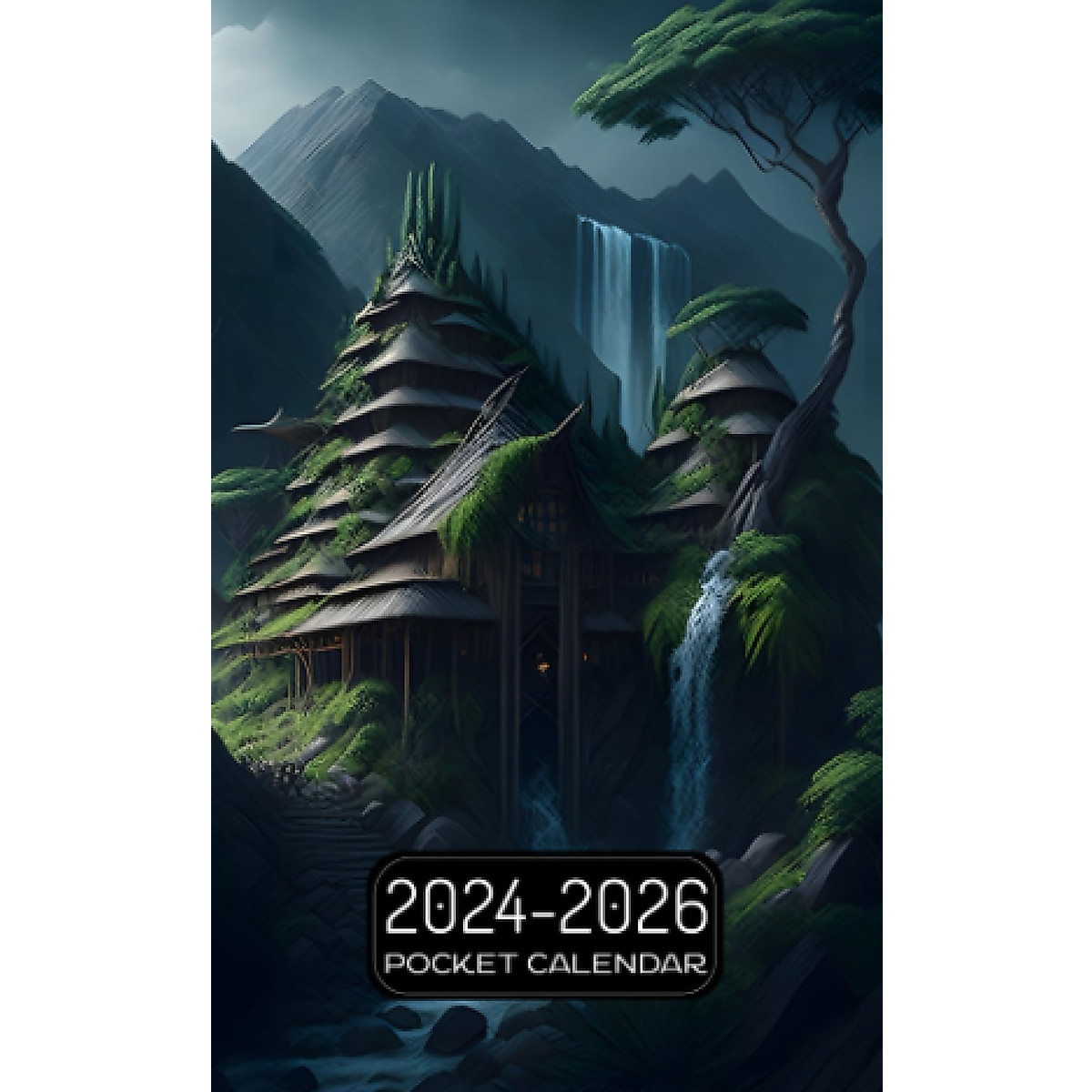 Pocket Calendar 2024-2026: Two-Year Monthly Planner for Purse , 36 Months from January 2024 to December 2026 | Native village | Green mountains | Majestic waterfall | Tall palm tree