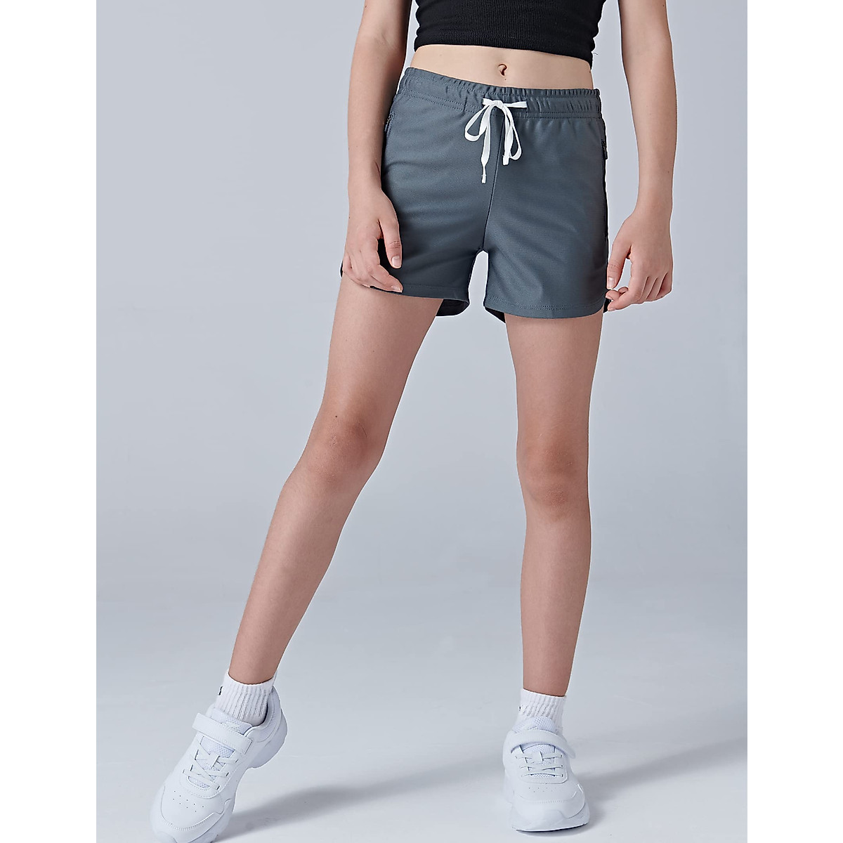 4 Pack Youth Girls Athletic Shorts 3", Girls Soccer Shorts, Kids Workout Gym Clothes Activewear Apparel with Zipper Pockets (Set 1, Small)