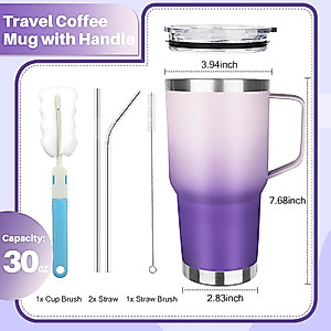 30 oz Tumbler with Handle, Stainless Steel Insulated Tumbler with Lid and Straw, Double Wall Vacuum Insulated Coffee Mug Tumbler, Insulated Coffee Thermal Cup for Cold and Hot (Light Dark Purple)