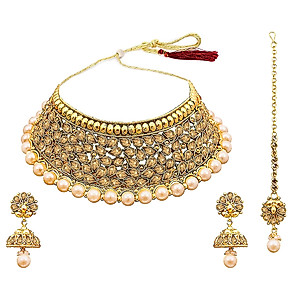 Aheli Wedding Designer Choker Necklace with Jhumki Earrings Maang Tikka Set Ethnic Bollywood Traditional Fashion Stylish Jewelry for Indian Women & Girls