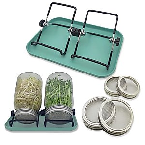 Guyemnat Sprouting Kit, 4 PCS Stainless Steel Sprouting Lids for Regular and Wide Mouth Mason Jars, 2 Sprouting Stands,Sprouting Tray,Label sticker,Sprouts Growing Kit (Not Include Mason Jar)
