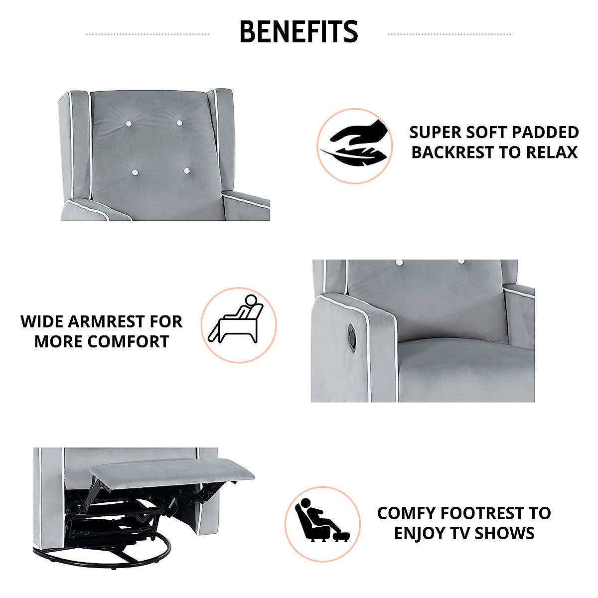 Bond with Your Baby, Relax in Style with Odelia 360° Swivel Glider Rocker Recliner, Nursery Chair with Manual Puller, Plush Cushioning, Soothing Rocking Motion with Microfiber Fabric - Light Gray