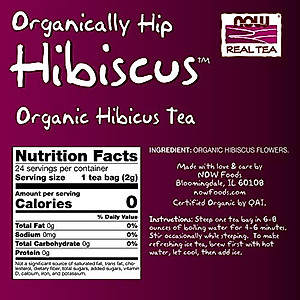 NOW Foods, Organically Hip Hibiscus™ Tea, Caffeine-Free, Non-GMO, No Added Colors, Preservatives or Sugars, Premium Unbleached Tea Bags with our No-Staples Design, 24-Count