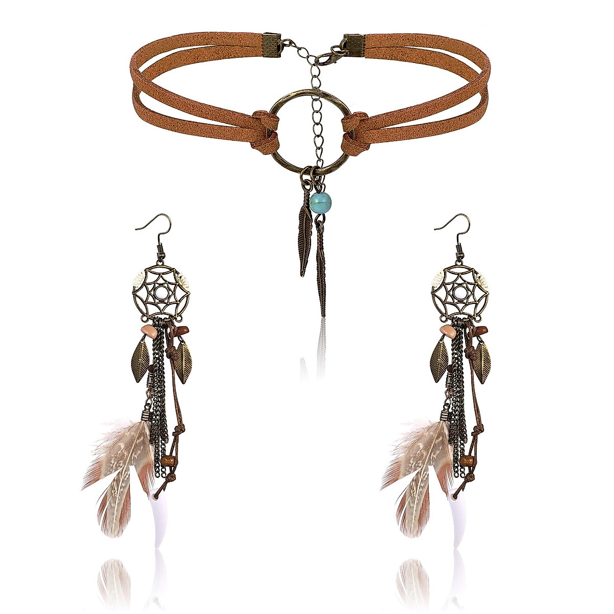 FINREZIO Native American Jewelry Leather Choker Necklace Earring Set for Women Handmade Bohemian Dream Catcher Long Faux Feather Drop Dangle Earrings Retro Necklace Set