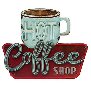 Open Road Brands Hot Coffee Shop Embossed Metal Sign - Vintage Diner Coffee Sign for Kitchen, Office or Coffee Bar
