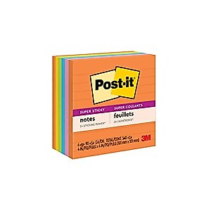 Post-it Super Sticky Notes, 4 in x 4 in, 6 Pads, 2x the Sticking Power, Energy Boost Collection, Bright Colors, Recyclable (675-6SSUC)