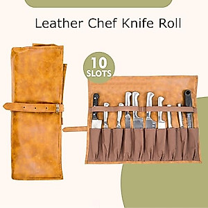 Chef Knife Bag with Leather Knife Roll Holds 10 Knives-Travel Friendly Tool bag backpack with USB Charging Port- Ample Storage Knife Carrying Case w/Back Pocket for Laptop-Sturdy & Stylish Chef Bag