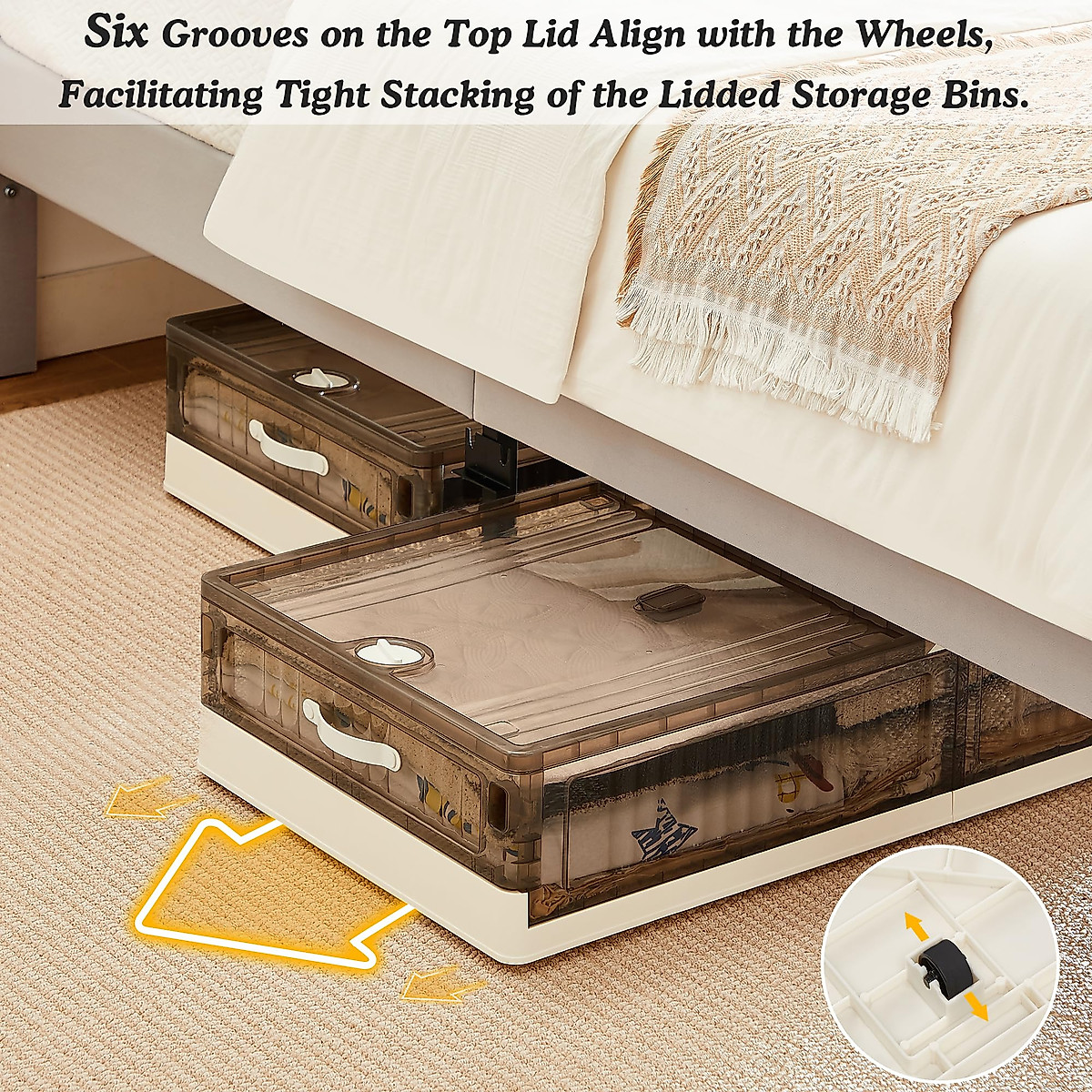 VECELO Under Bed Storage with Wheels, 26.5Gal Stackable Under Bed Storage Containers, Underbed Storage Containers with Lids, Plastic Foldable Folding Box for Clothes Shoes