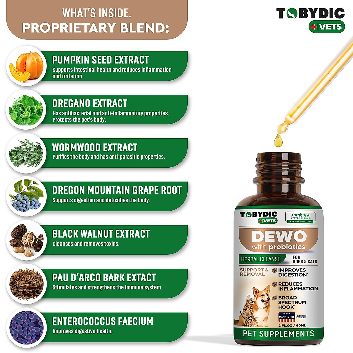 Tobydic Broad Spectrum Herbal Medicine with Probiotic for Cats & Dogs - Prevention & Treatment Helps to Remove Toxins and Parasites -Medication & Supplement Drops - Made in USA