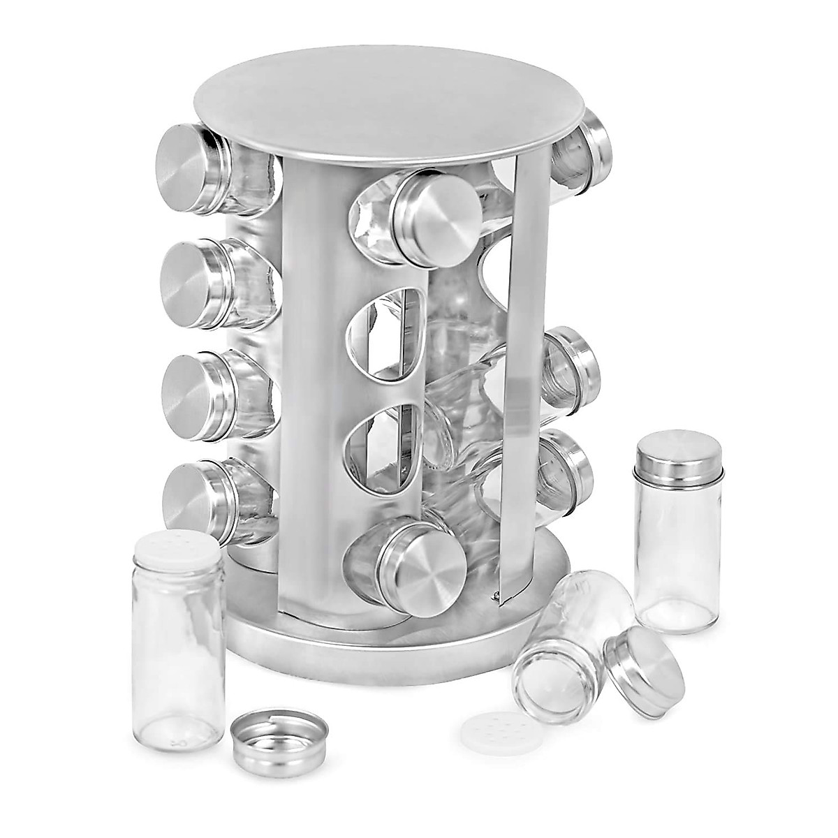 Internet's Best Revolving Spice Tower - Round Spice Rack - Set of 16 Spice Jars - Seasoning Storage Organization - Stainless Steel