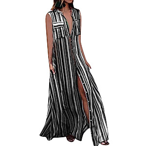 F_Gotal Womens Casual Long Maxi Sundress, Rainbow Button Down Roll up Sleeve Dress, Stripes Loose Maxi Pockets Dresses