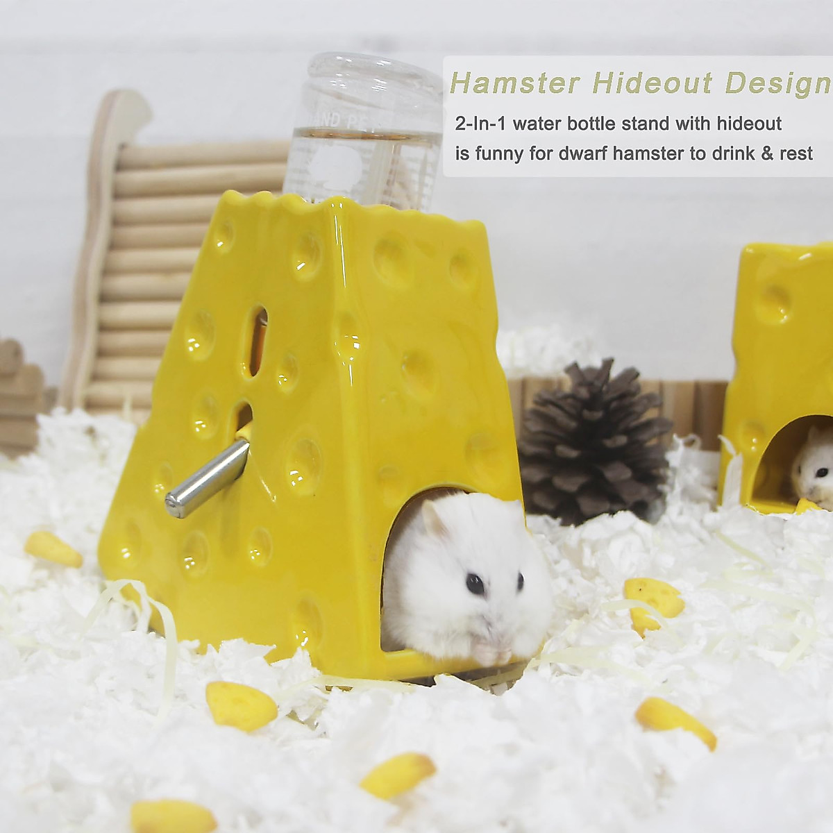 Deapeey Hamster Water Bottle for Glass Tank, Adjustable Hamster Water Bottle Holder 125ML Syrian Hamster Water Bottle with Widen Bottom Stand Anti-Fall, Ceramic Cheese Water Dispenser for Mice Gerbil