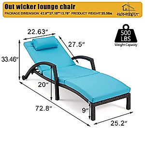 HOMREST Outside Chaise Lounge Chairs Set of 2, Adjustable 6 Position Outdoor PE Rattan Wicker Patio Pool Lounge Chair with Cushion, Arm, Pillow and Wheels for Poolside Backyard Deck Porch Garden