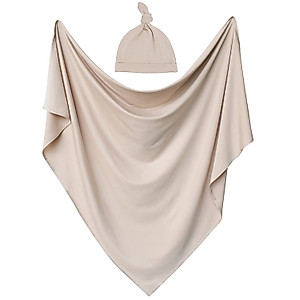 OWLOWLA Swaddle Blanket and Hat Set Newborn Swaddle Wrap Baby Receiving Blanket for Baby Boys Girls(Sand)