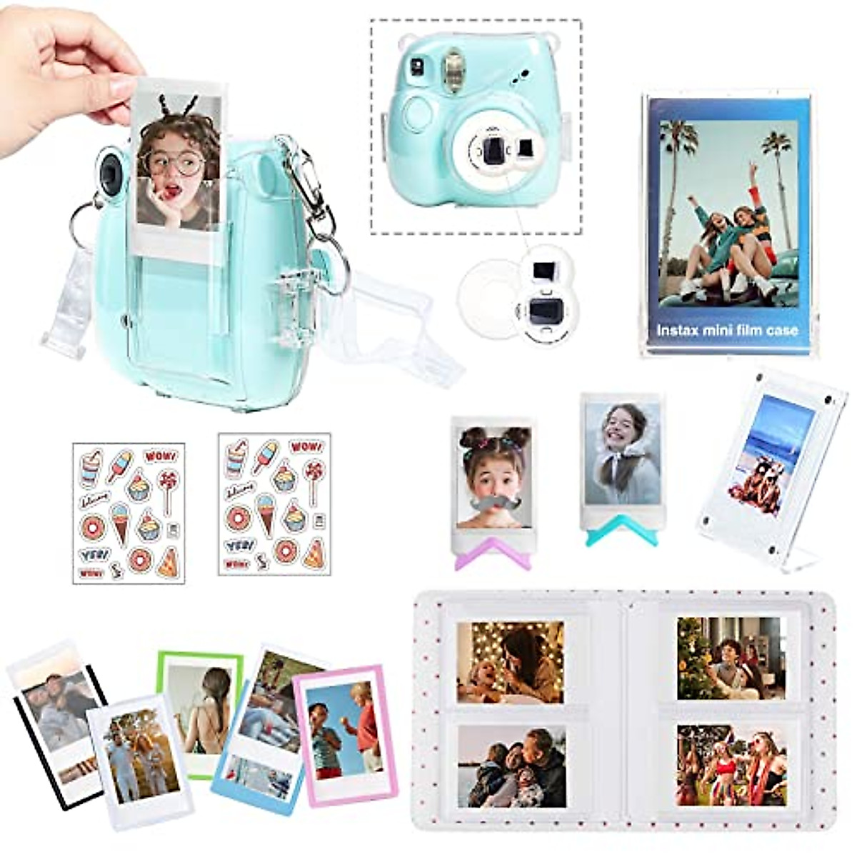 WOGOZAN Accessories for Fujifilm Instax Mini 7+ Plus Instant Camera Bundle kit Includes Mini 7+ Clear Case/Photo Album/Picture Frames/Selfie Mirror/Magnetic Frames/DIY Stickers and Other Accessories