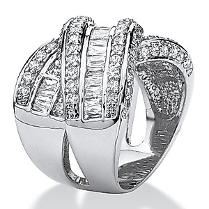 PalmBeach Platinum-Plated Baguette Cubic Zirconia Crossover Ring Sizes 6-10 Size 10
