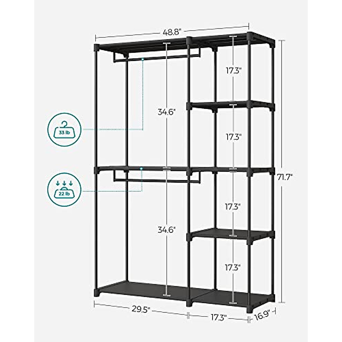 SONGMICS Portable Closet, Freestanding Closet Organizer, Clothes Rack with Shelves, Hanging Rods, Storage Organizer, for Cloakroom, Bedroom, 48.8 x 16.9 x 71.7 Inches, Black URYG026B02