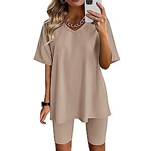 AGSEEM 2 Piece Summer Outfits For Women Shorts Sleeve V Ncek Summer Clothes Khaki XL
