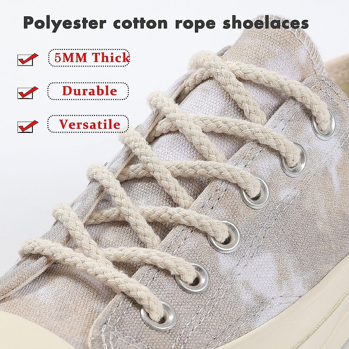 Handshop 2 pairs Round Rope Shoe laces, Thick Cotton Sneaker Shoelaces for Men Women Shoes Beige 100(5mm)