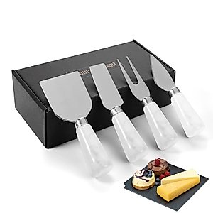 Funland 4PCs Cheese Knife Spreader Set with Marble Handle, Cute Cheese Knives Cutter Slicer for Marble Cheese Board, Spatula for cheese Board Accessories, Gift for Party, Thanksgiving - Silver