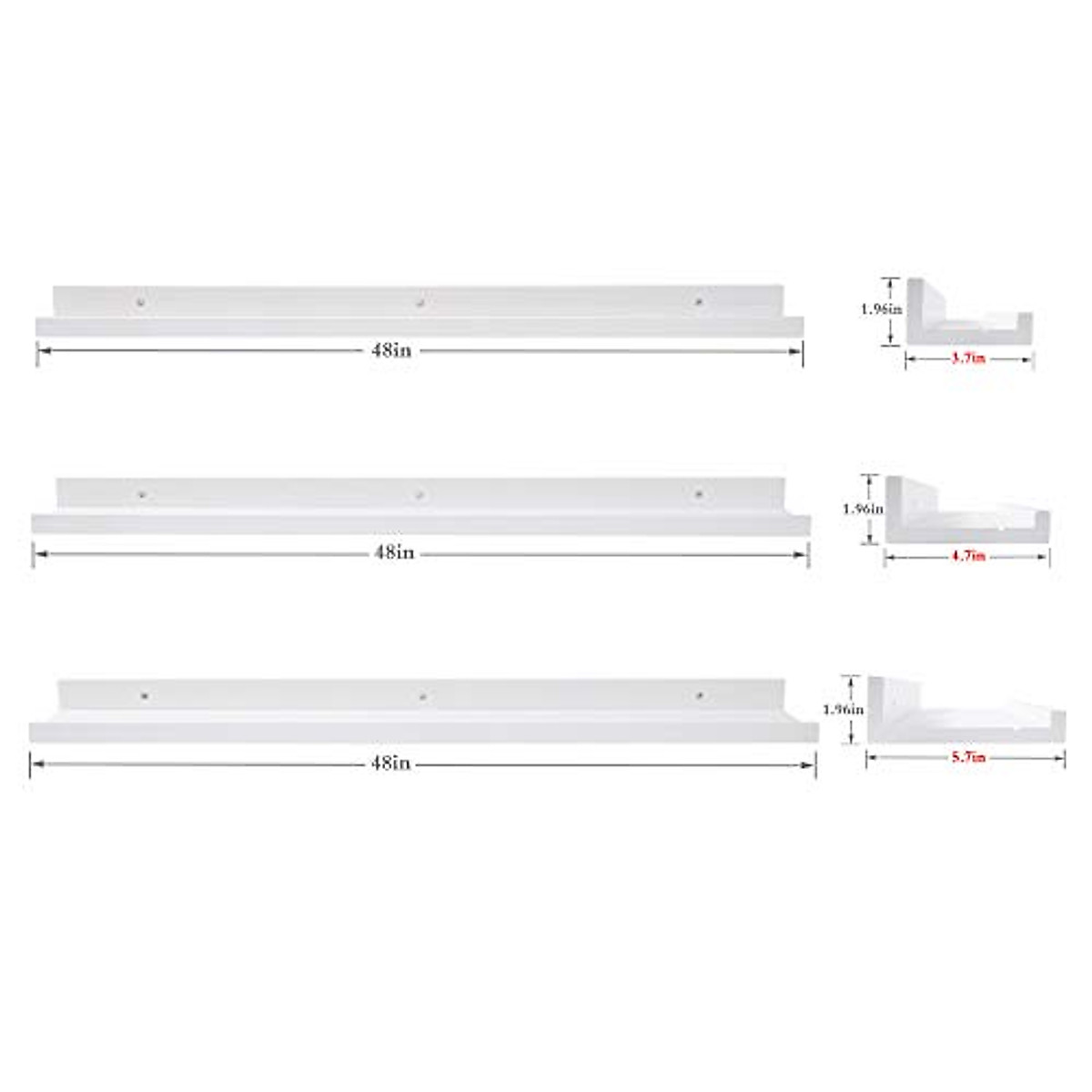 AZSKY 48Inch White Floating Shelves for Wall, Picture Ledge Shelf Set of 3 Different Sizes Wood Long Wall Shelves for Wall Bathroom Decor Kitchen Spice Rack Frames Set of 3