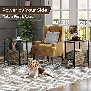 Rolanstar End Table with Charging Station, Narrow Side Table with 2 Wooden Drawers, USB Ports and Power Outlets, Nightstand Sofa Table for Small Spaces, Living Room, Bedroom, Gray