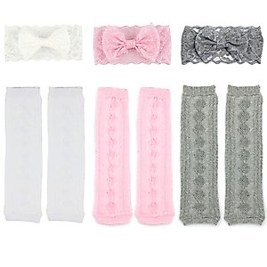 Elesa Miracle 3 Pairs Knitted Baby & Toddler Cozy Soft Argyle Leg Warmers and Baby Lace Bow Headband Value Set