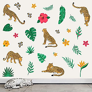 WOYINIS Leopard Cheetah Jaguar Wall Decal Stickers DIY Palm Leaves Plants Flowers Wall Decals Removable Peel & Stick Tropical Wall Decals for Living Room Bedroom Playroom Classroom Nursery Wall Decor