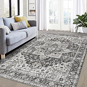 ROYHOME 8x10 Area Rug Machine Washable Rug Traditional Distressed Rug Indoor Floor Cover Vintage Medallion Carpet Rug Stain Resistant Non-Slip Accent Rug for Living Room Bedroom, Grey/Beige