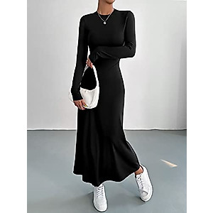 Verdusa Women's Casual Long Sleeve Round Neck Solid A Line Long Maxi Dress Black XS