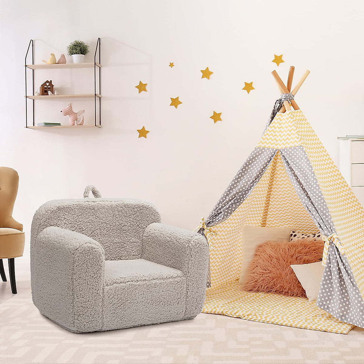 ALIMORDEN Kids Ultra-Soft Snuggle Foam Filled Chair, Toddler Cuddly Sherpa Reading Couch for Boys and Girls, Light Grey