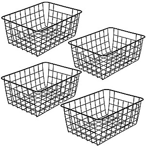 Aeggplant Kitchen Wire Baskets Farmhouse Decor Metal Food Storage Organizer, Household Refrigerator Bin with Built-in Handles for Cabinets,Pantry Set of 4 (Black)