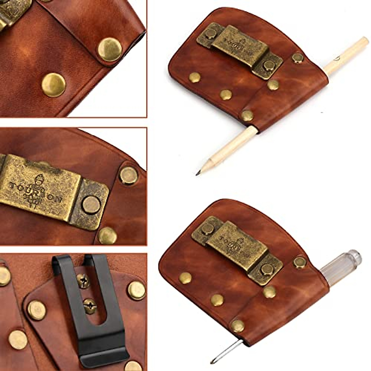TOURBON Leather Clip on Tape Measure Holder Measuring Tape Holster with Pencil Pouch