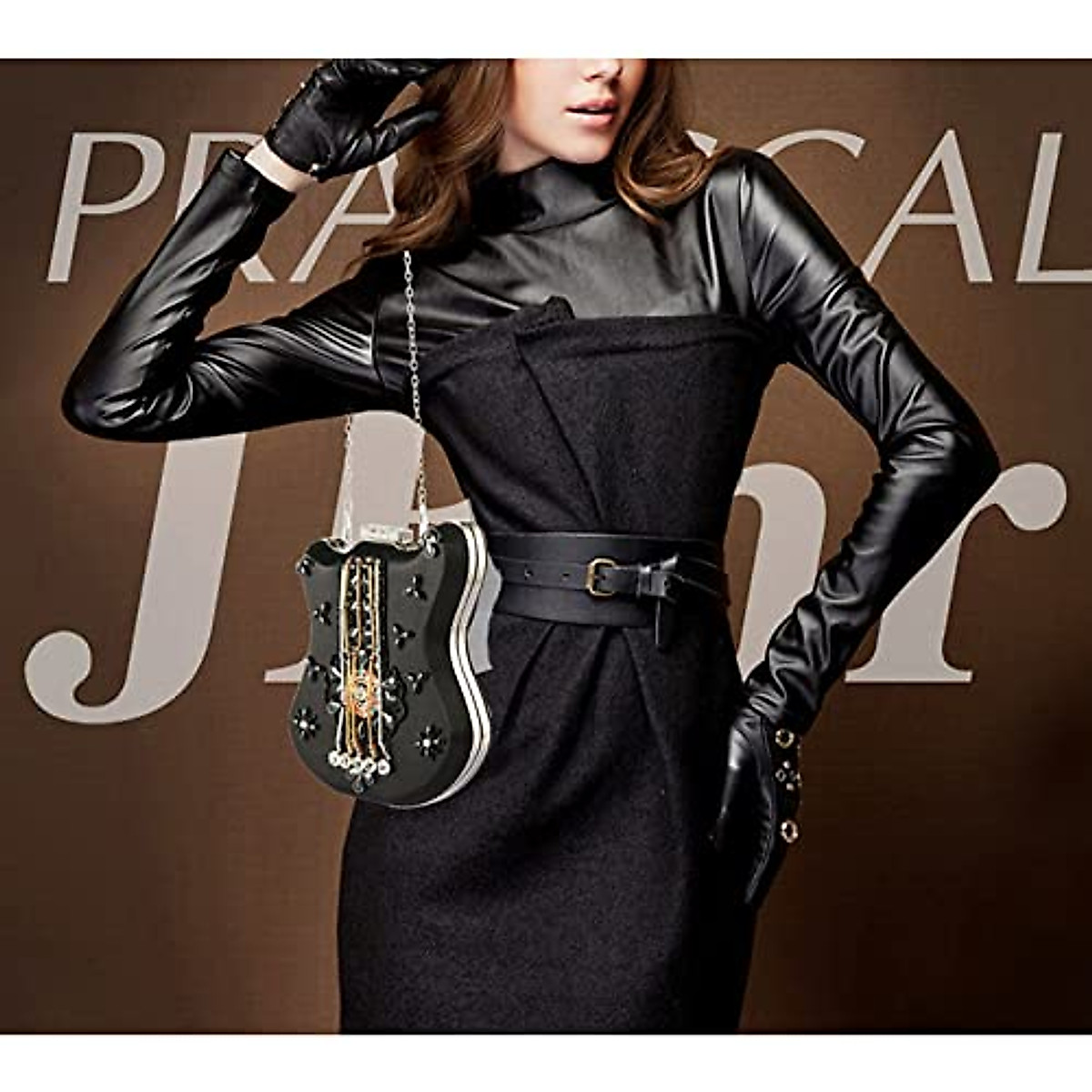 CuteCue Violin/Guitar Shaped Evening Bag Black Beaded Tassel Party Handbag Wedding Clutch Purse