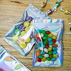 HAPPY COASTER CARDS 100 Pieces Smell Proof Bags - 3x5 Inches Resealable Mylar Bags Clear Zip Lock Food Candy Storage Bags Holographic Rainbow Color