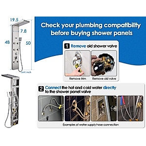 ROVOGO Shower Panel System with 6 Body Jets, Rainfall Waterfall Shower Head and Handheld, Shower Tower Column with Temperature Display in Brushed Stainless Steel