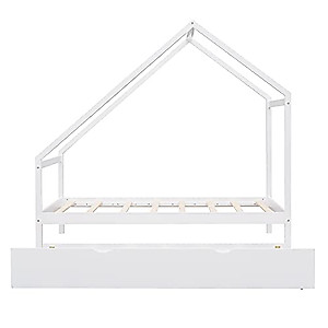 YuiHome Twin Size House Bed for Kids, Twin Size Bed Frame with Trundle Bed, Wooden Kids House Twin Bed Frame for Girls, Boys,No Box Spring Needed,White