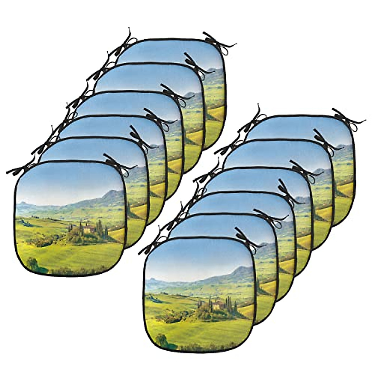 Lunarable Tuscan Chair Cushion Pads Set 12, Rural Landscape Cypresses Along The Path to Vineyard Farm House, Seat Padding for Office with Anti-Slip Backing, 16"x16", Green and Pale Blue