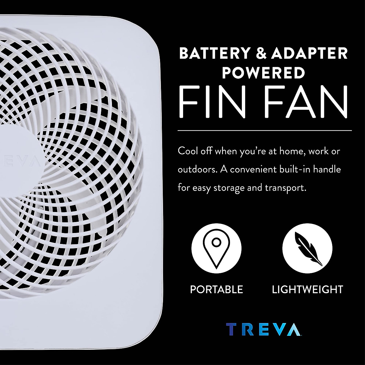 Treva 10-Inch Portable Fan, Powered by Battery and/or AC Adapter - Desk Fan Air Circulating with 2 Cooling Speeds for Personal and Travel Use (White)