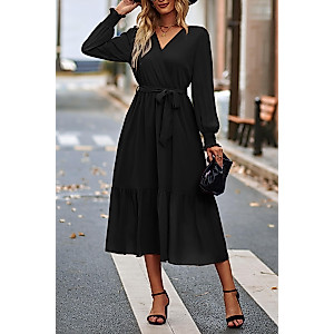 PRETTYGARDEN Women's Floral Print Boho Dress Long Sleeve Wrap V Neck Ruffle Belted A-Line Flowy Maxi Dresses (Solid Black,Large)