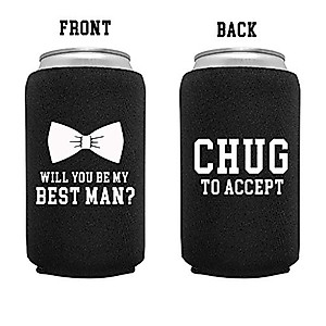 Cool Coast Products - Wedding Coolies | Groomsman Best Man Chug to Accept Black | 6 Pack | Funny Novelty Neoprene Hugger | Beer Holder | Bachelor Gifts | Quality Can Cooler (6 Pack)