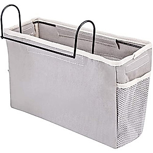 FYY Bedside Caddy, Bedside Hanging Organizer with 4 Pockets and 2 Hooks for Bunk and Hospital Beds, College Dorm Rooms Bed Rails, Can be Placed Bottle, Books, Mobile Phones, Tablets, Keys Grey