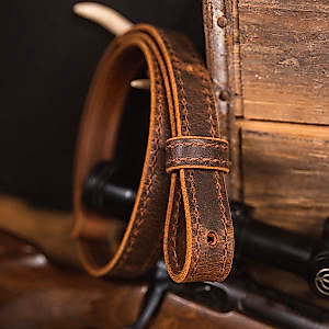 Nohma Leather Buffalo Leather Rifle Gun Sling, Crazy Horse/Brown Stitch, Amish Handmade 1" Width - Made in The USA