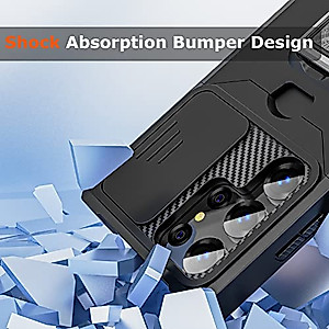 Design for Samsung S23 Ultra Case with Card Holder, Galaxy S23 Ultra Silicone Phone Case with Sliding Camera Cover and Magnetic Ring Holder Kickstand(Black)